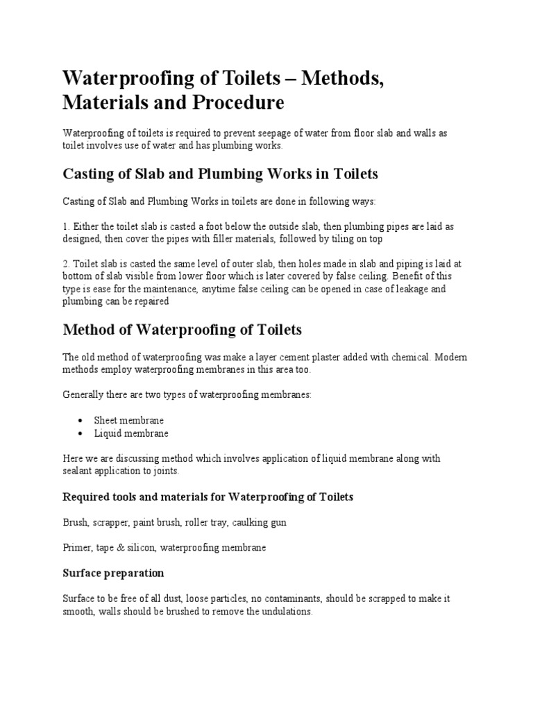 Toilet Waterproofing Methods and Procedures | PDF | Polyurethane | Concrete