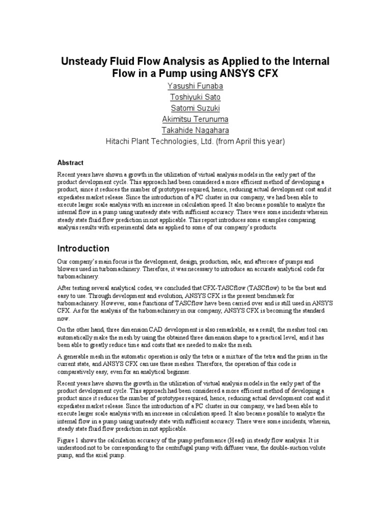 Unsteady Fluid Flow Analysis As Applied To The Internal Flow in A Pump ...