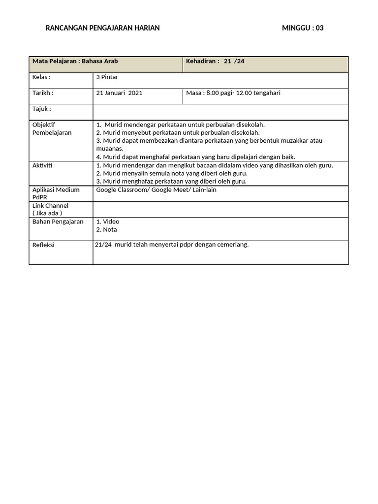 RPH Bahasa Arab PDPR Tahun 3 | PDF