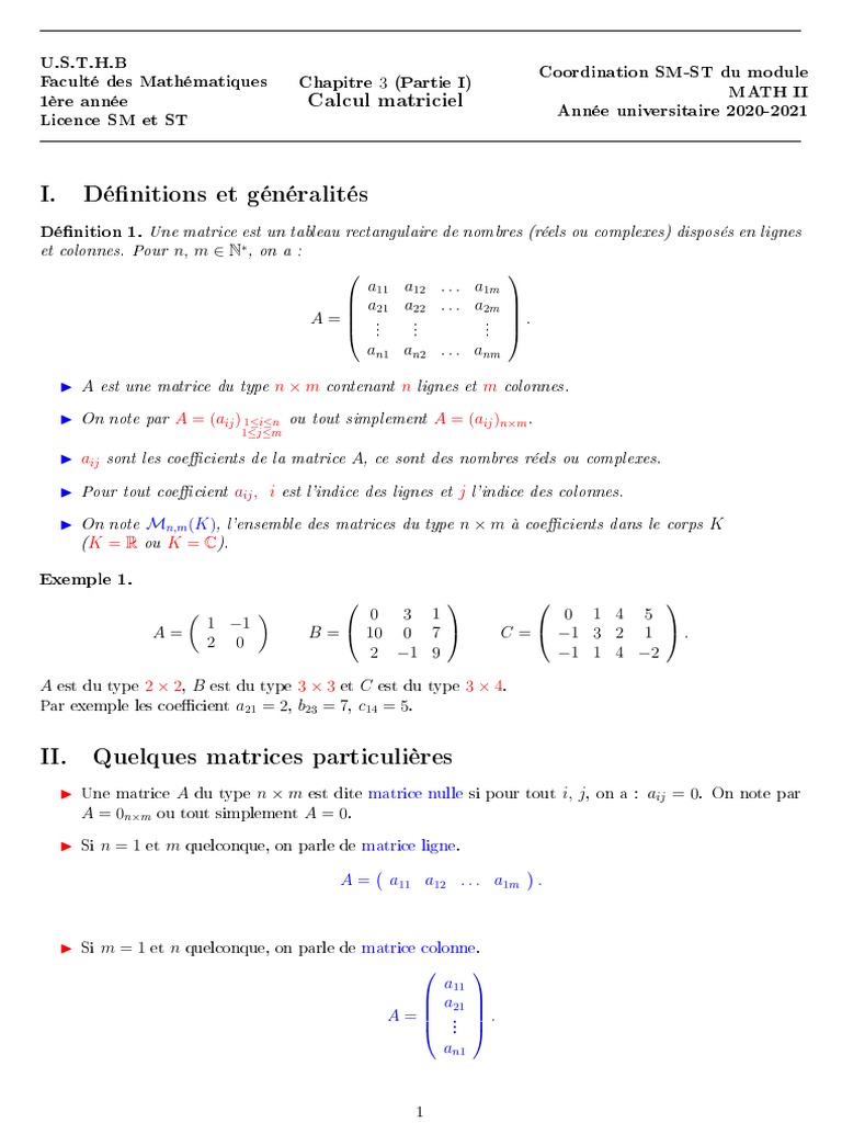 Chapitre 3 (Partie I) - Calcul Matriciel | PDF | Matrice (Mathématiques) | Algèbre linéaire