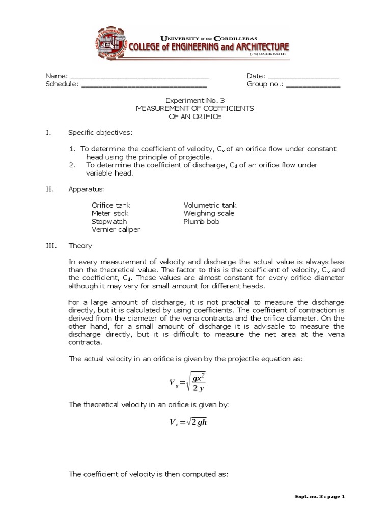 Coefficients of Orifice Flow Measurement | PDF | Discharge (Hydrology ...