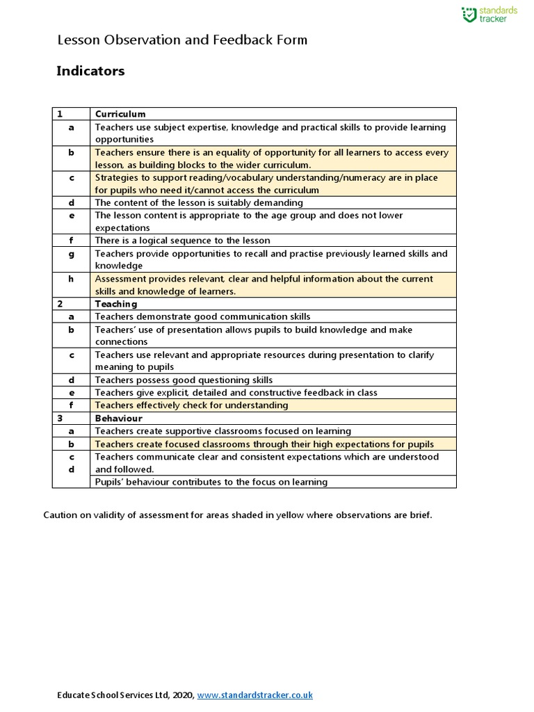 Lesson Observation Form With Ofsted Indicators