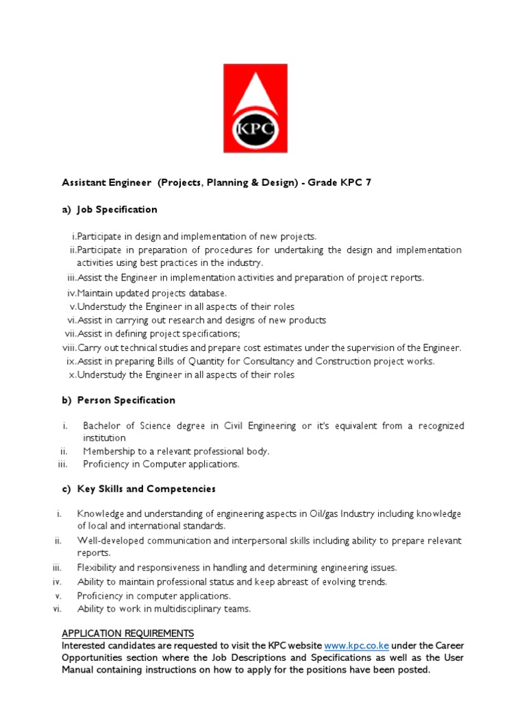 Assistant Engineer (Projects, Planning & Design) - Grade KPC 7 A) Job ...