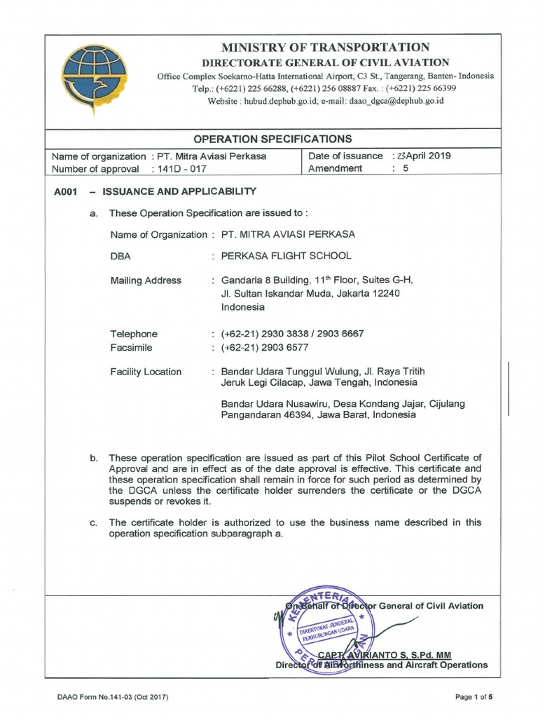 Operation Specification Perkasa Flight School 2019 - Update 2020 | PDF