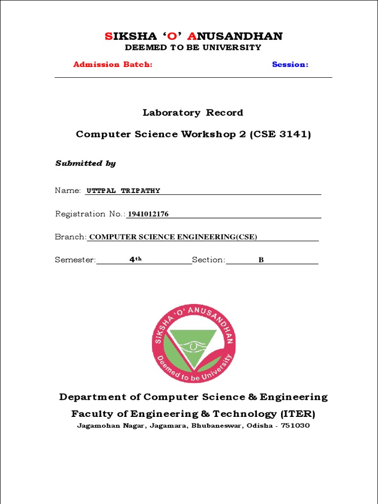 Iksha ' Nusandhan: Laboratory Record Computer Science Workshop 2 (CSE 3141) | PDF | Computer ...
