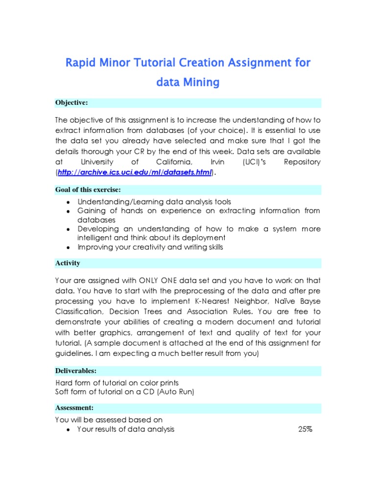 Rapid Minor Tutorial Creation Assignment For Data Mining: Objective ...