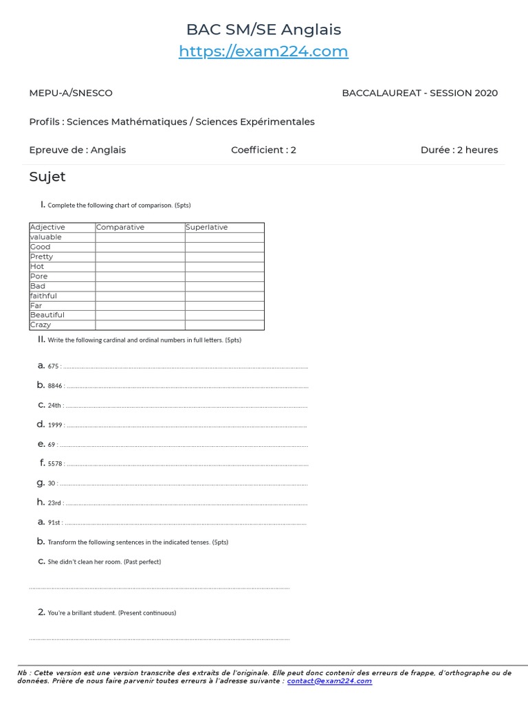 Exam224 Bac SM Se Anglais 2020 | PDF | Languages | Language Arts ...