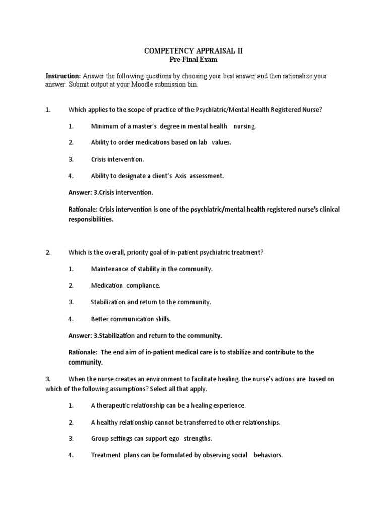 COMPETENCY APPRAISAL II Pre Final Exam | PDF | Risperidone | Mental ...