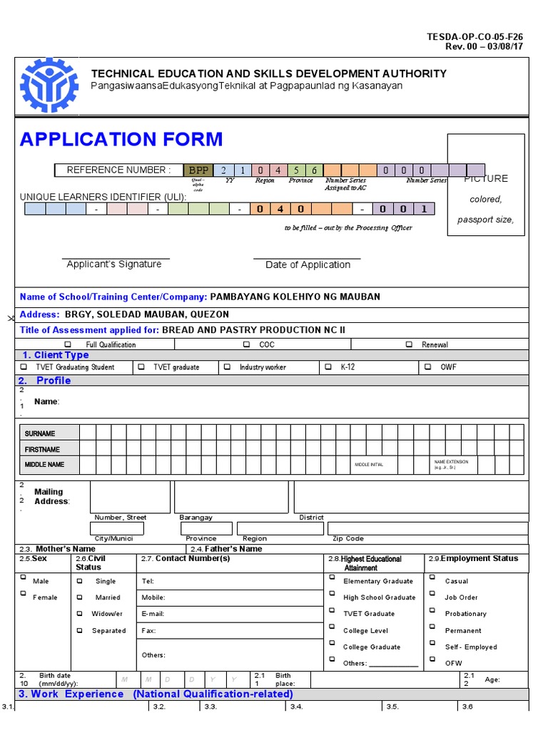 Application Form: Technical Education and Skills Development Authority ...