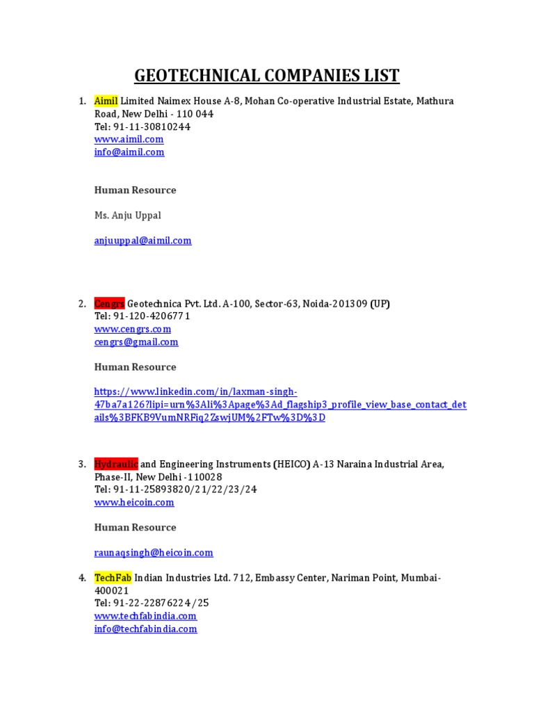 Geotechnical Companies List: Human Resource | PDF | Economic Sectors ...