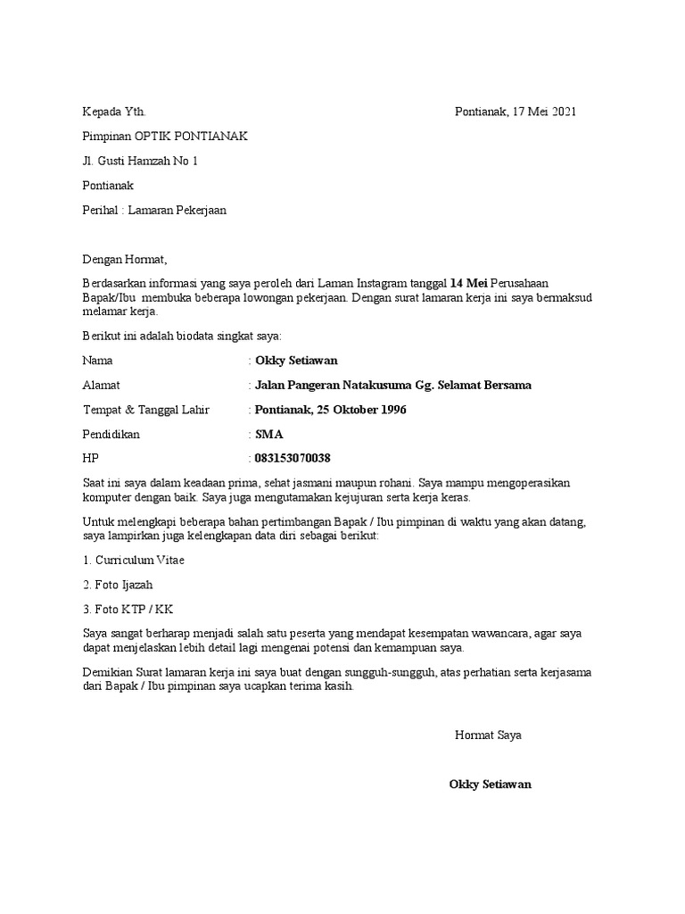 Lamaran Dan CV Kerja Okky - OPTIK PONTIANAK | PDF