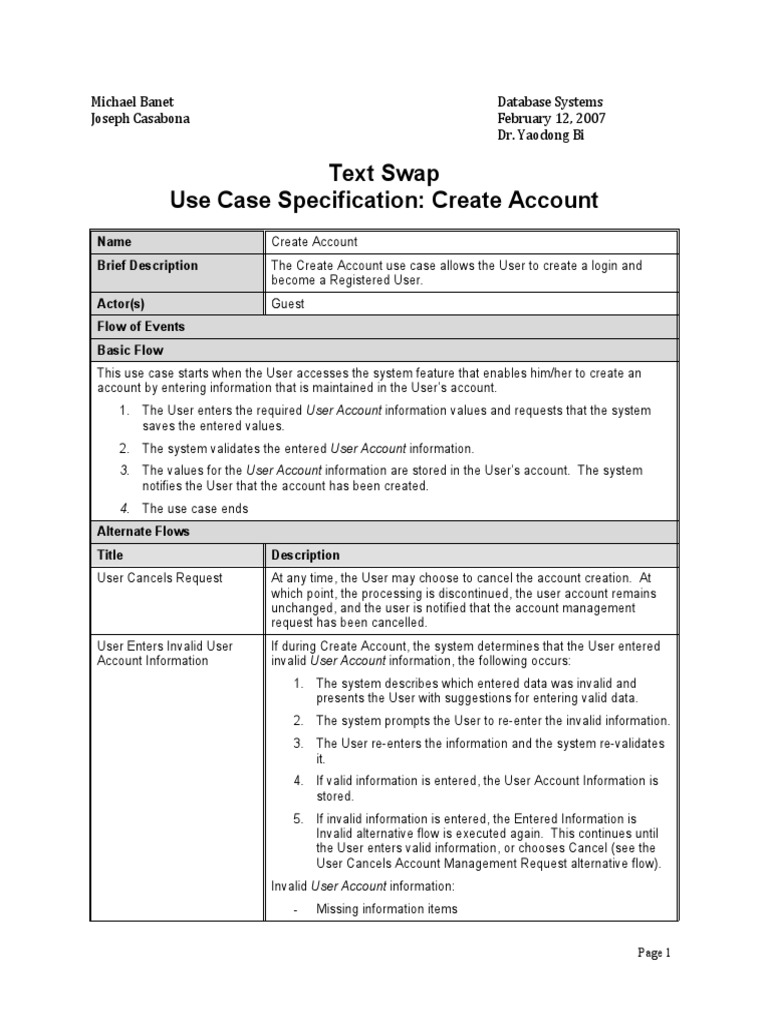 Use Case Specification: Create Account | PDF | User (Computing) | Use Case