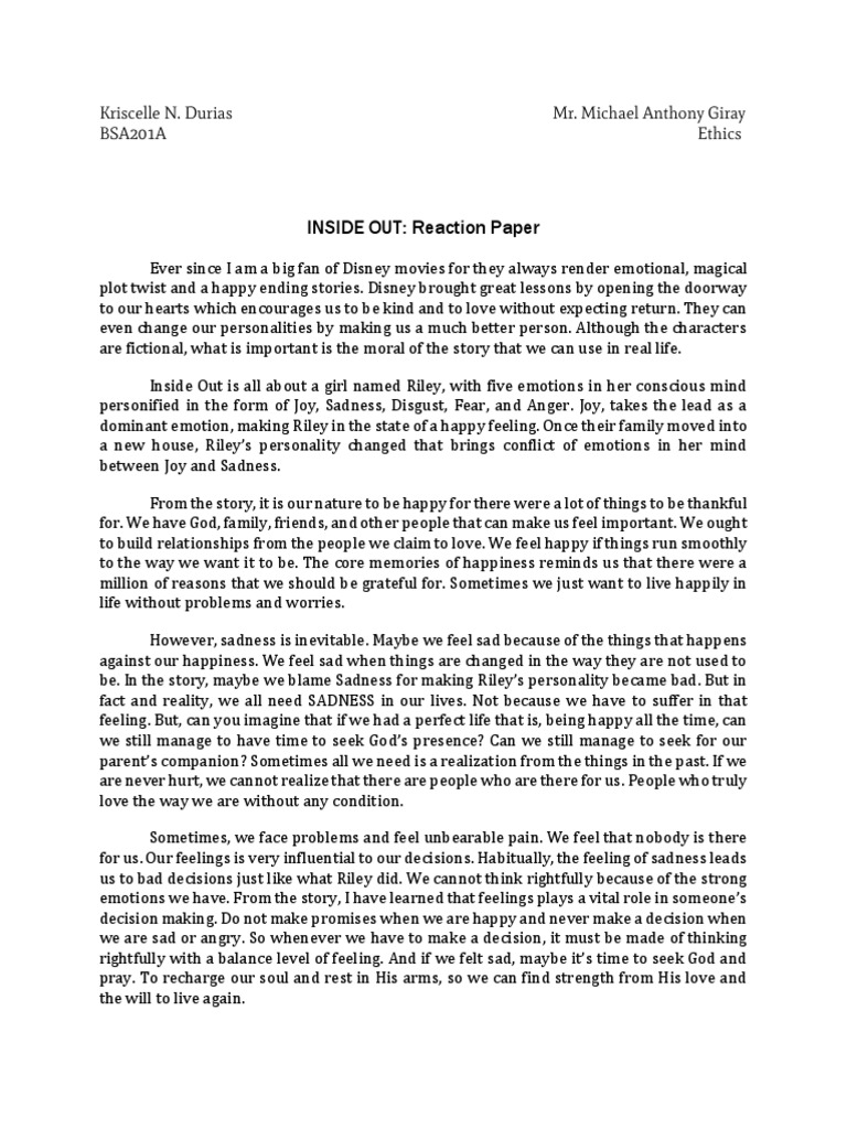 INSIDE OUT - Reaction Paper | PDF | Feeling | Subjective Experience