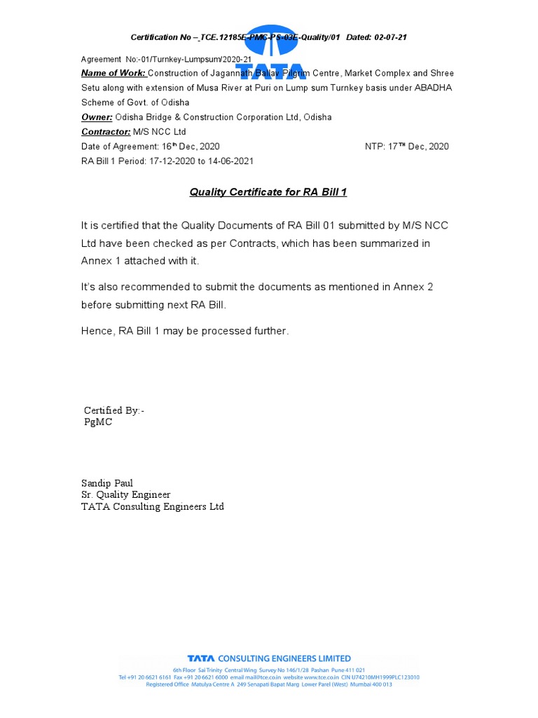 Quality Certificate RA Bill 1 | PDF