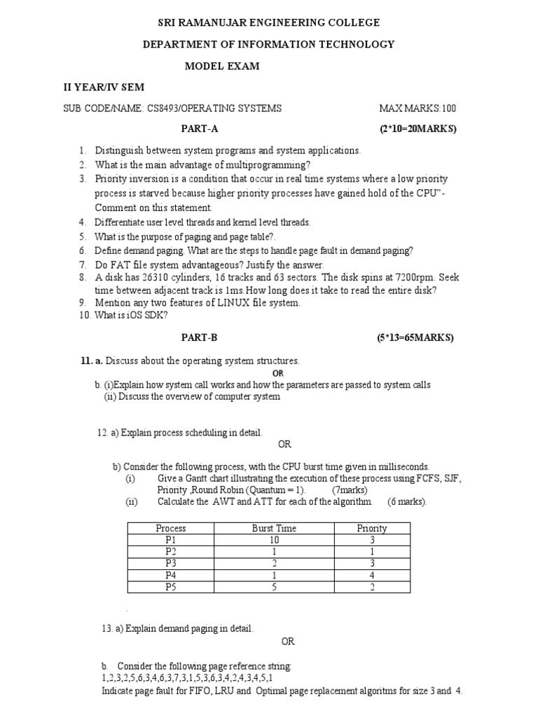Sri Ramanujar Engineering College Department of Information Technology Model Exam Ii Year/Iv Sem ...