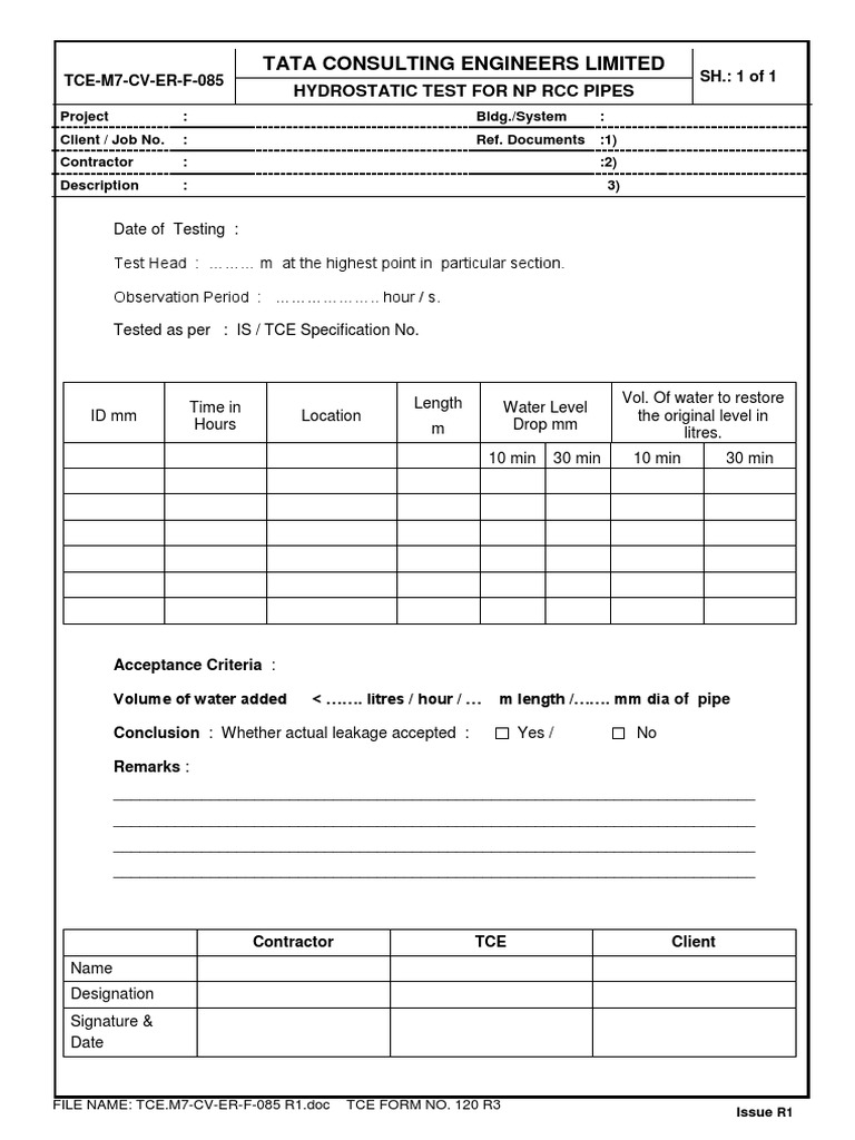 Tata Consulting Engineers Limited: Hydrostatic Test For NP RCC Pipes | PDF