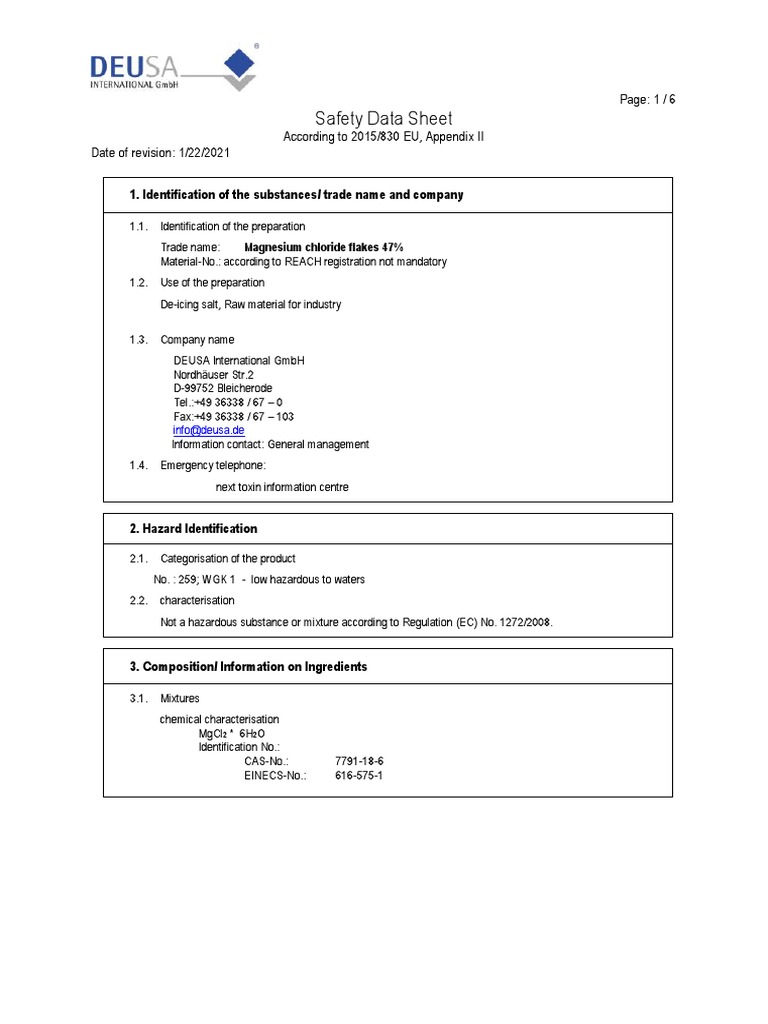Safety Data Sheet: 1. Identification of The Substances/ Trade Name and Company | Download Free ...