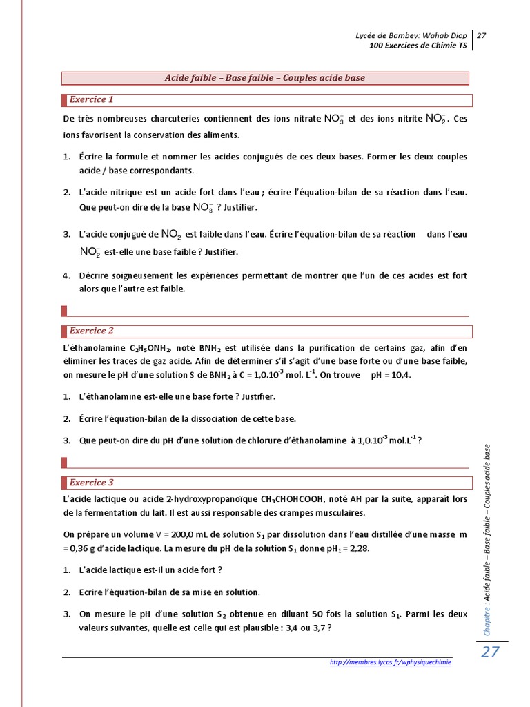 Exercices sur Acides et Bases Faibles | PDF | Ph | Dissociation (chimie)