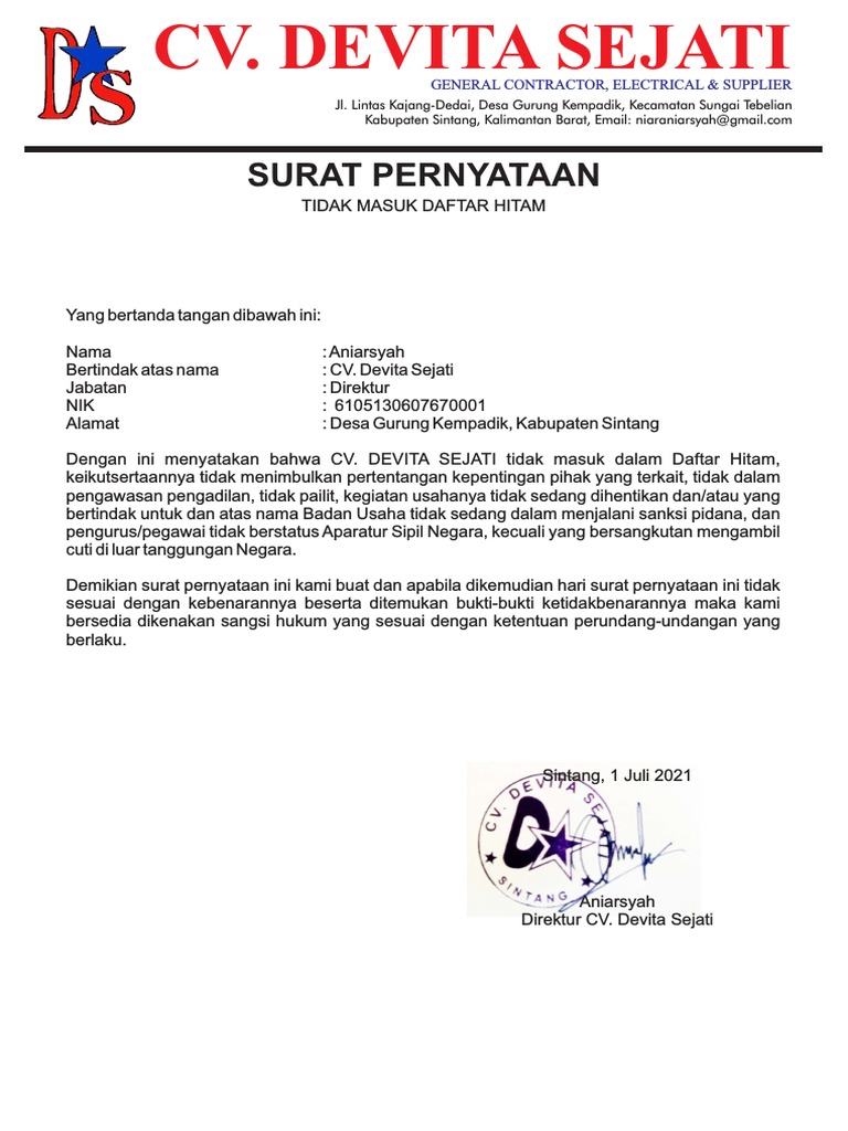 SURAT Pernyataan Tidak Masuk Daftar Hitam | PDF