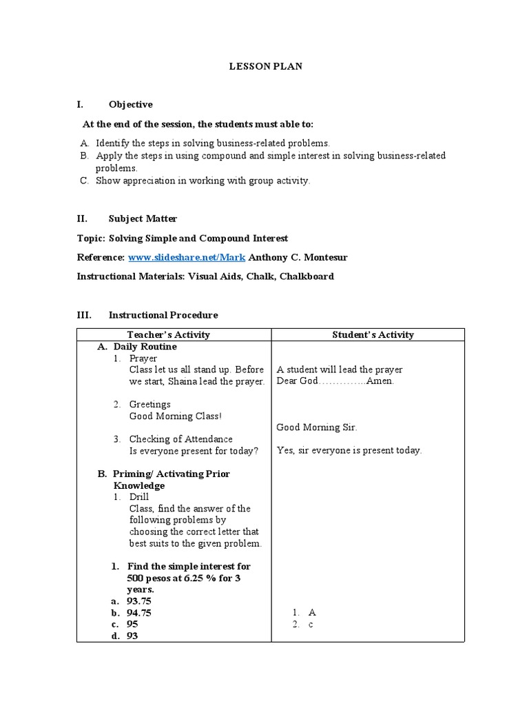 Lesson Plan | PDF | Compound Interest | Interest