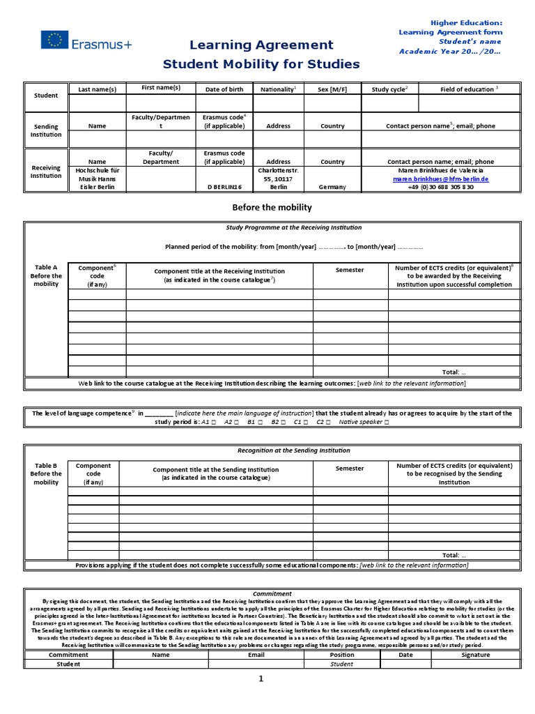 Learning Agreement Student Mobility For Studies | PDF | Academic Degree ...