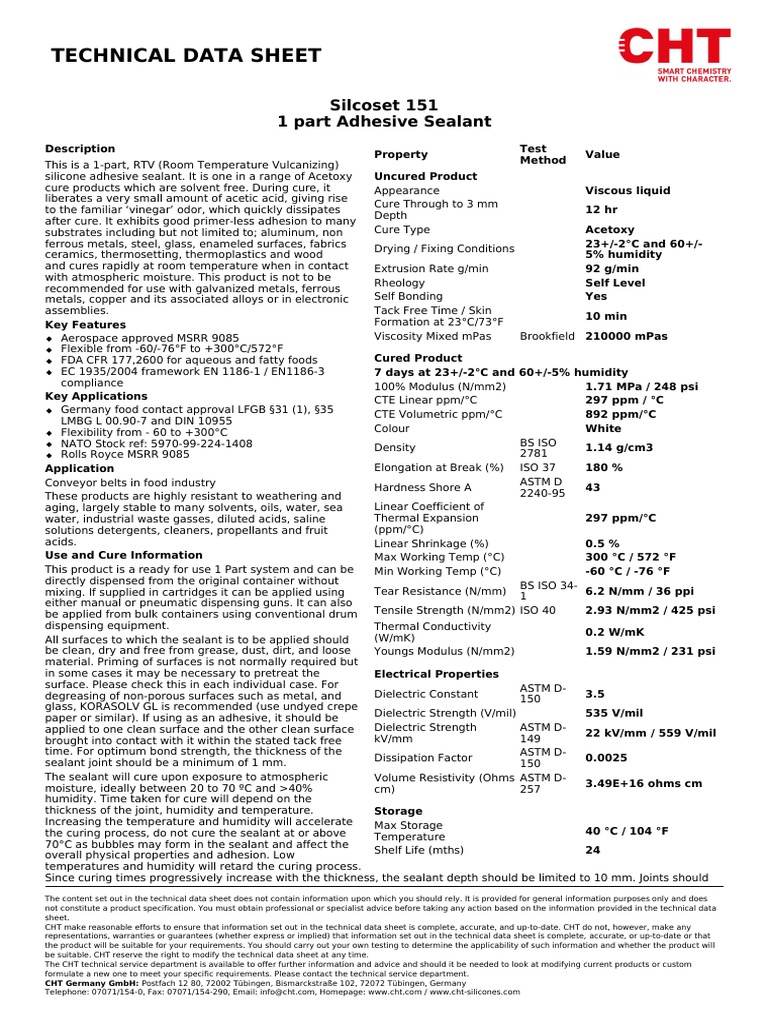 Technical Data Sheet: Silcoset 151 1 Part Adhesive Sealant | PDF | Adhesive | Humidity