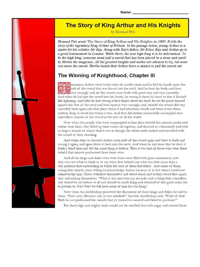 The Story of King Arthur and His Knights - Reading Worksheets | PDF
