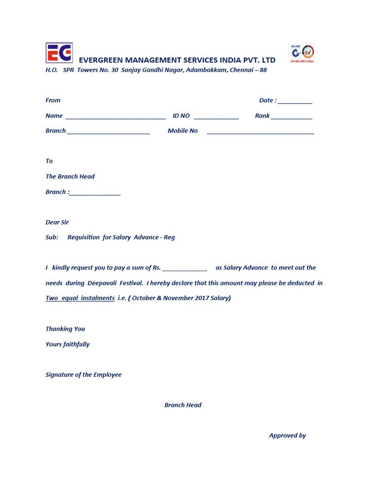 Salary Advance Format - Req | PDF