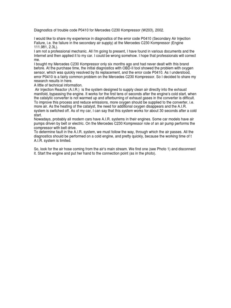 P0410 Diagnostics for Mercedes C230 | PDF | Energy Technology | Engine ...