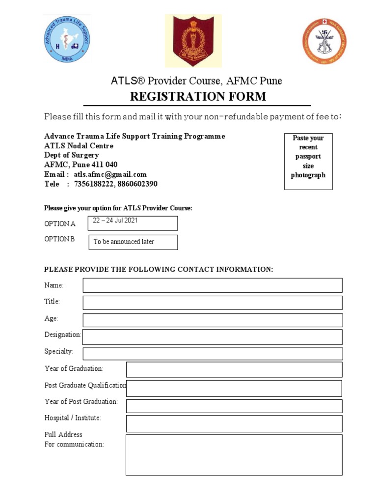 Registration Form: Provider Course, AFMC Pune | PDF