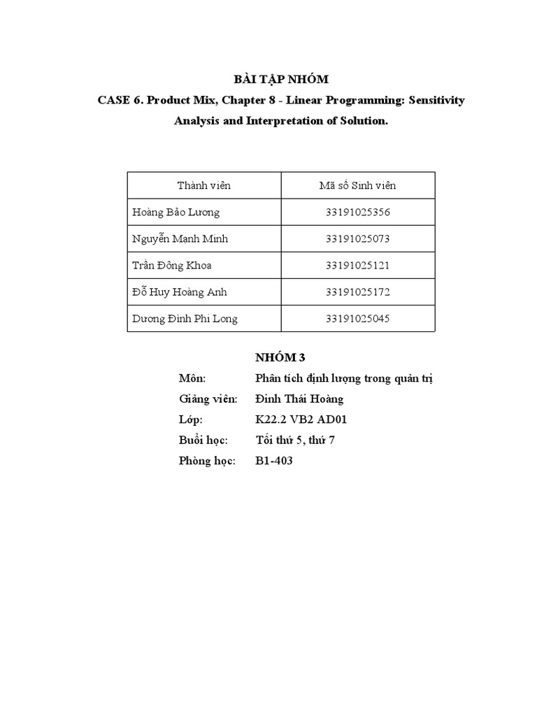 Product Mix, Chapter 8 - Linear Programming: Sensitivity Analysis and Interpretation of Solution.