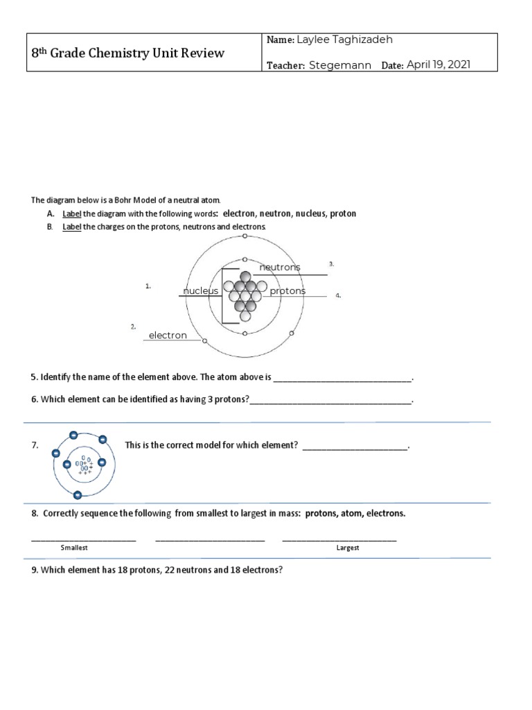 8 Grade Chemistry Unit Review: Name: Teacher: Date: Laylee Taghizadeh ...
