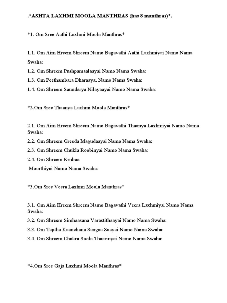 Ashta Lakshmi Moola Mantras Guide | PDF | Yoga | Hindu Behaviour And ...