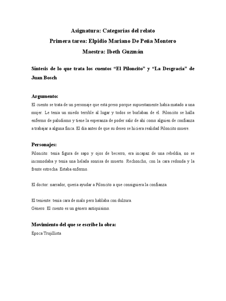 Síntesis de Lo Que Trata Los Cuentos "El Piloncito" y "La Desgracia" de ...