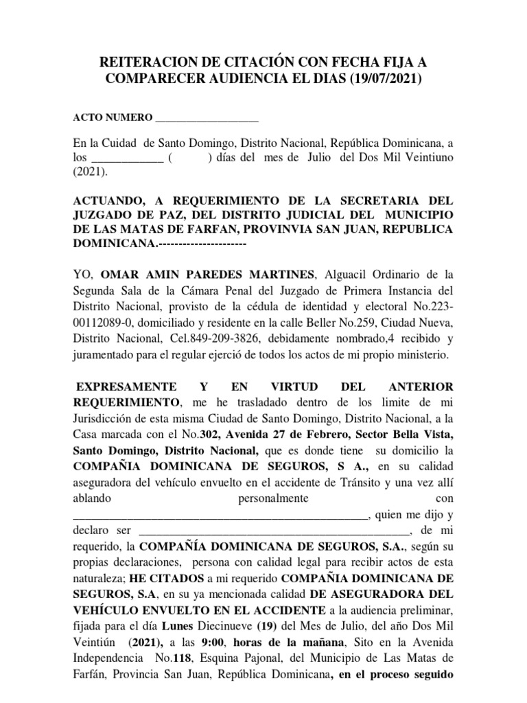 Reiteracion de Citacion | PDF | República Dominicana | Ley Pública