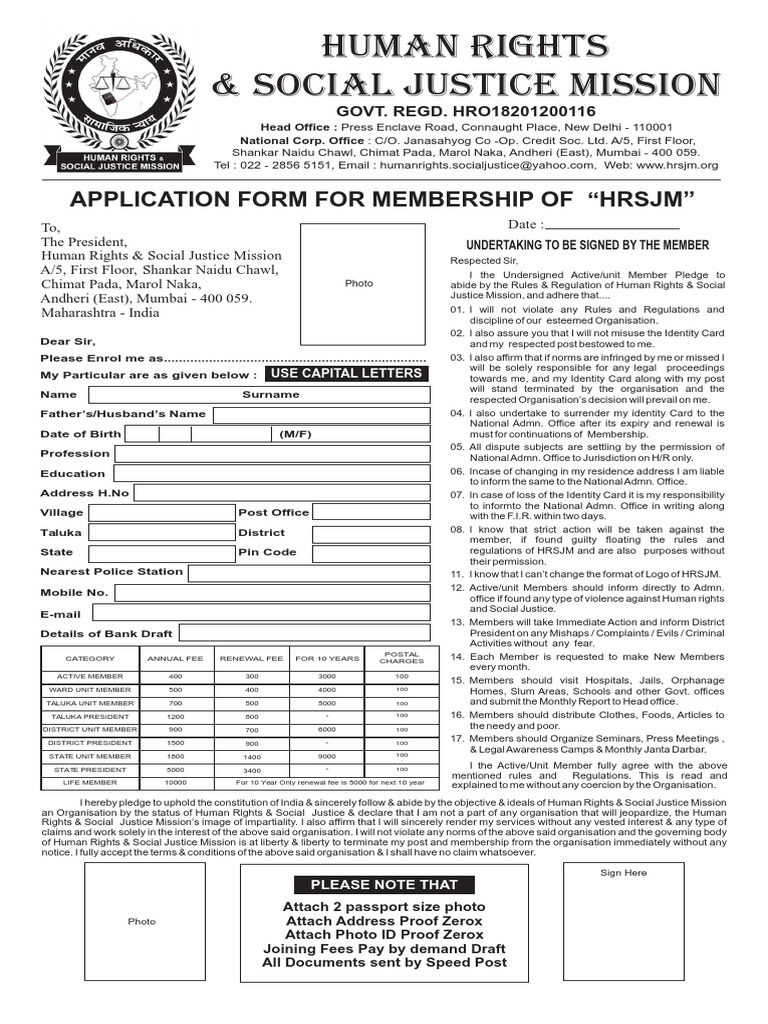 Human Rights & Social Justice Mission: Application Form For Membership ...