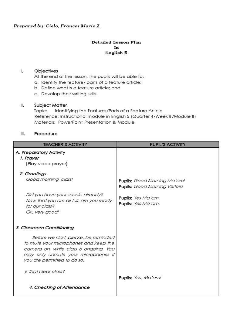 Detailed Lesson Plan | PDF | Television | Caregiver