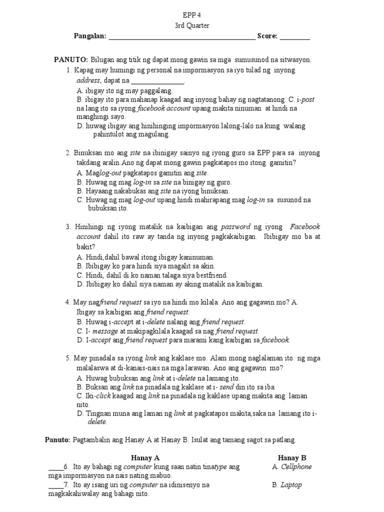 EPP 4 3rd Quarter Test | PDF