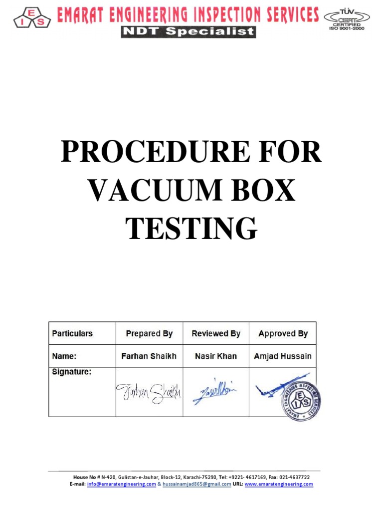 Procedure For Vacuum Box Testing | PDF | Vacuum | Pressure Measurement