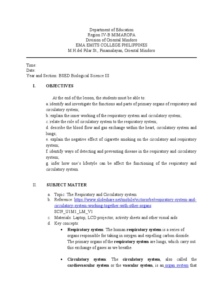 Respiratory and Circulatory System Detailed Lesson Plan | Download Free ...