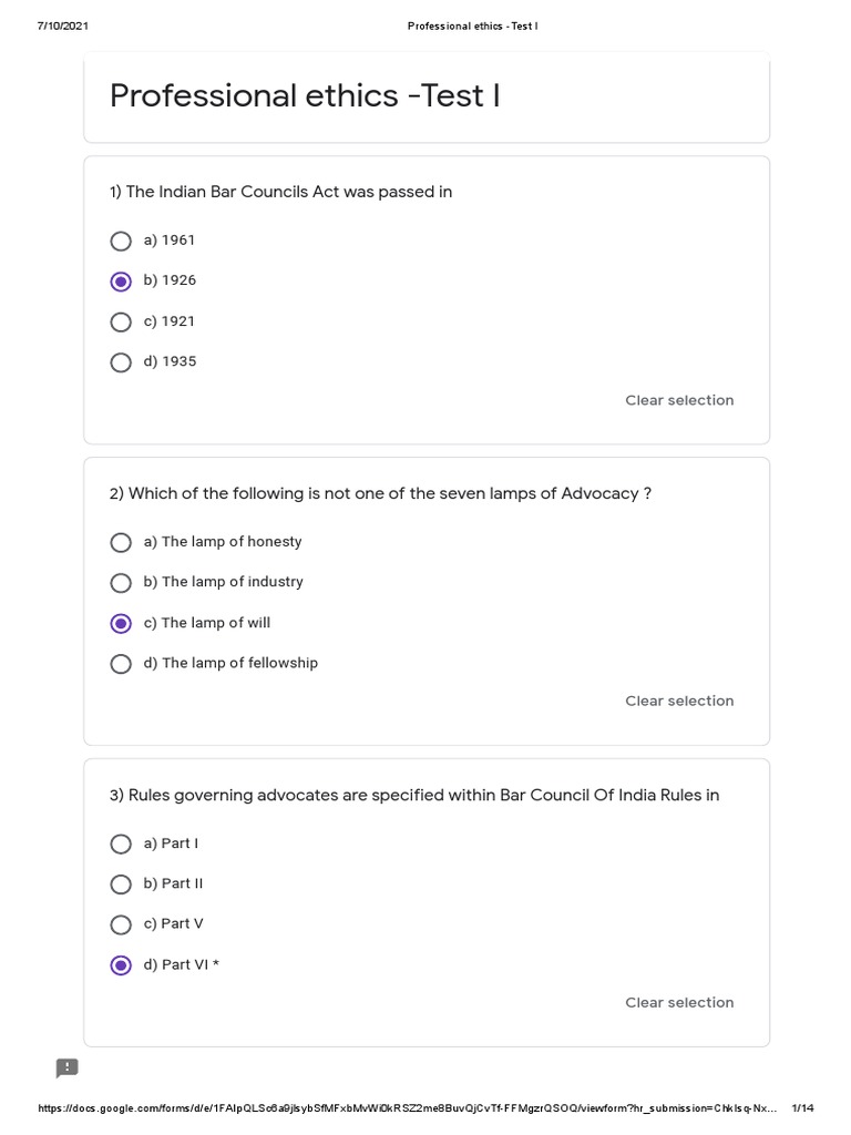 Professional Ethics Test Overview | PDF | Advocate | Contempt Of Court