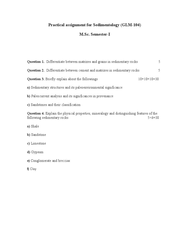 Practical Assignment MSC Semester-I Sedimentology | PDF