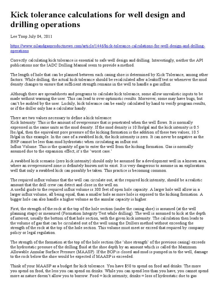 Kick Tolerance Calculations For Well Design and Drilling Operations | Download Free PDF | Casing ...