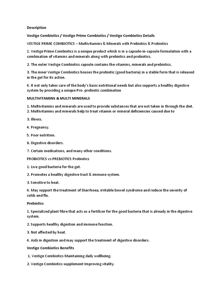 Vestige Prime Combiotics Capsules | PDF | Probiotic | Dose (Biochemistry)