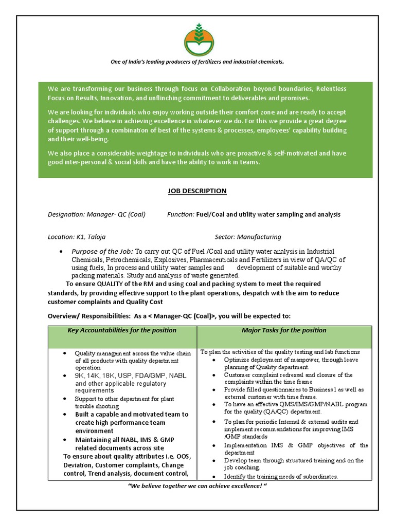 Manager-QC (Coal) Job in Taloja | PDF | Coal | Quality Management System