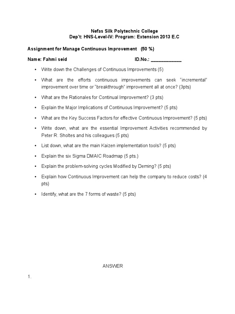 Manage Continuous Improvement Assignment | PDF | Six Sigma | Business Process