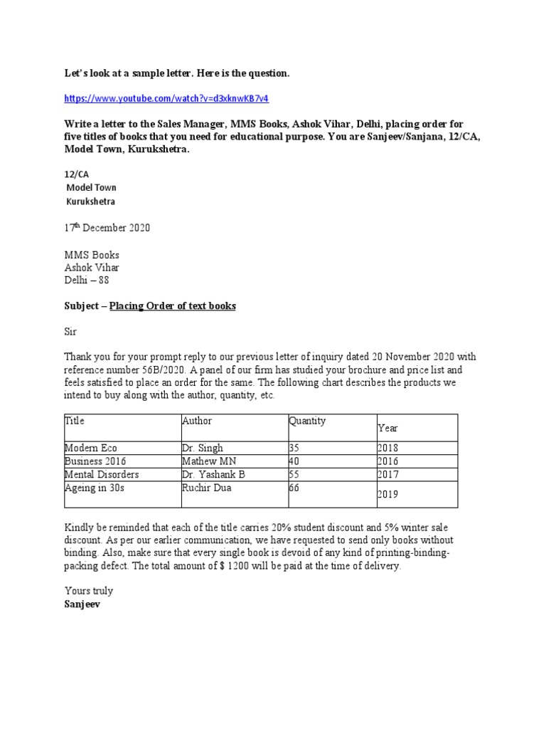 Sample Letter of Placing Order | PDF