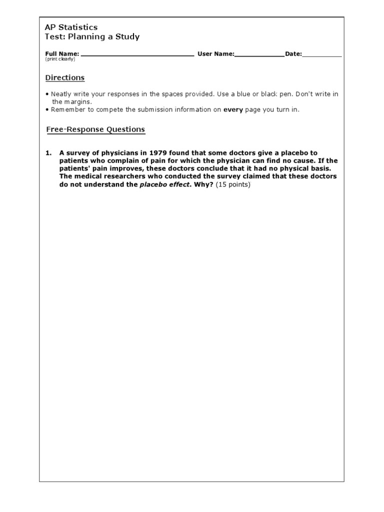 AP Statistics Test: Planning A Study: Directions | PDF | Probability ...