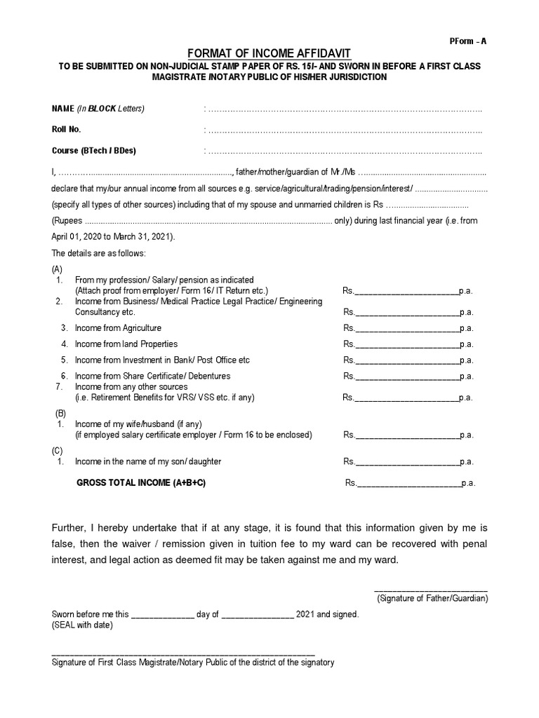 Format of Income Affidavit - 2020-21 | PDF | Economies | Business