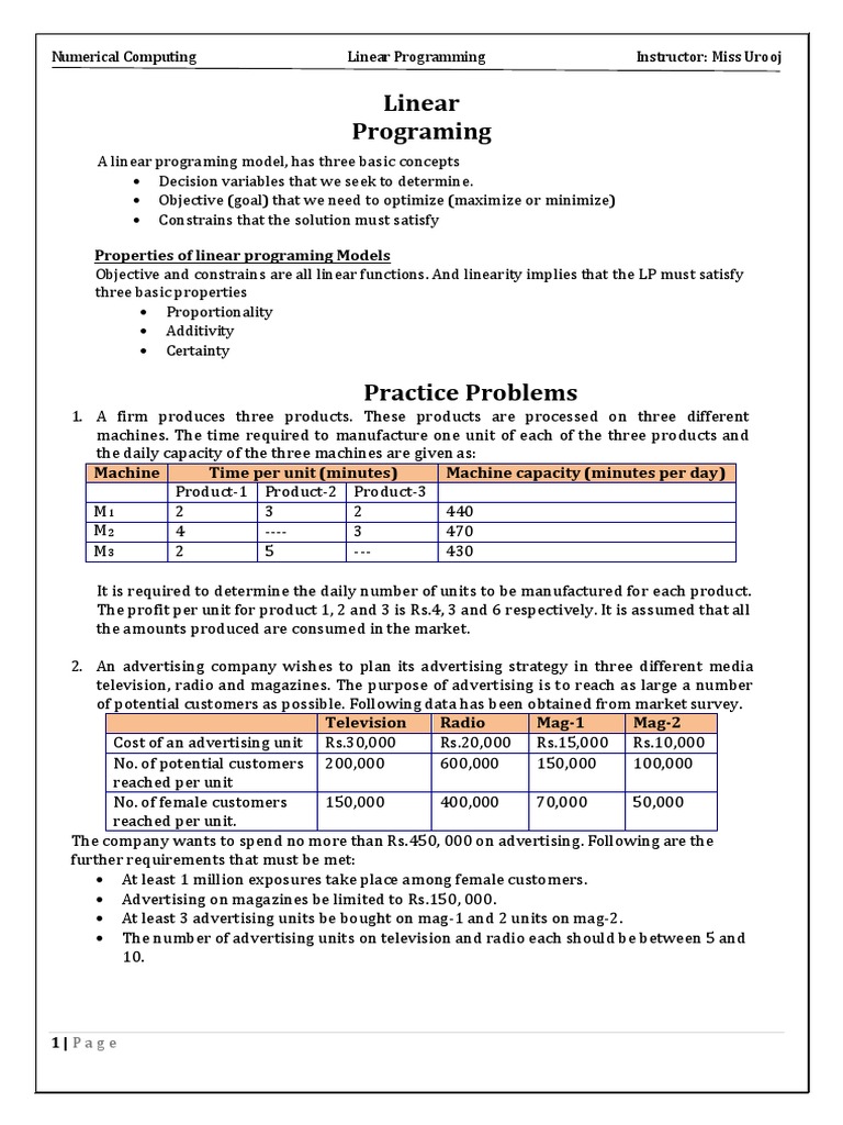 Linear Programing: Machine Time Per Unit (Minutes) Machine Capacity ...